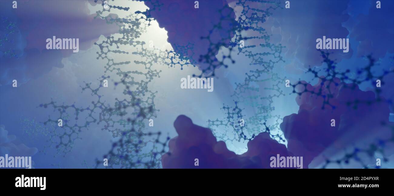 The world inside of a human cell. Strings of DNA, nucleotides (forming ...