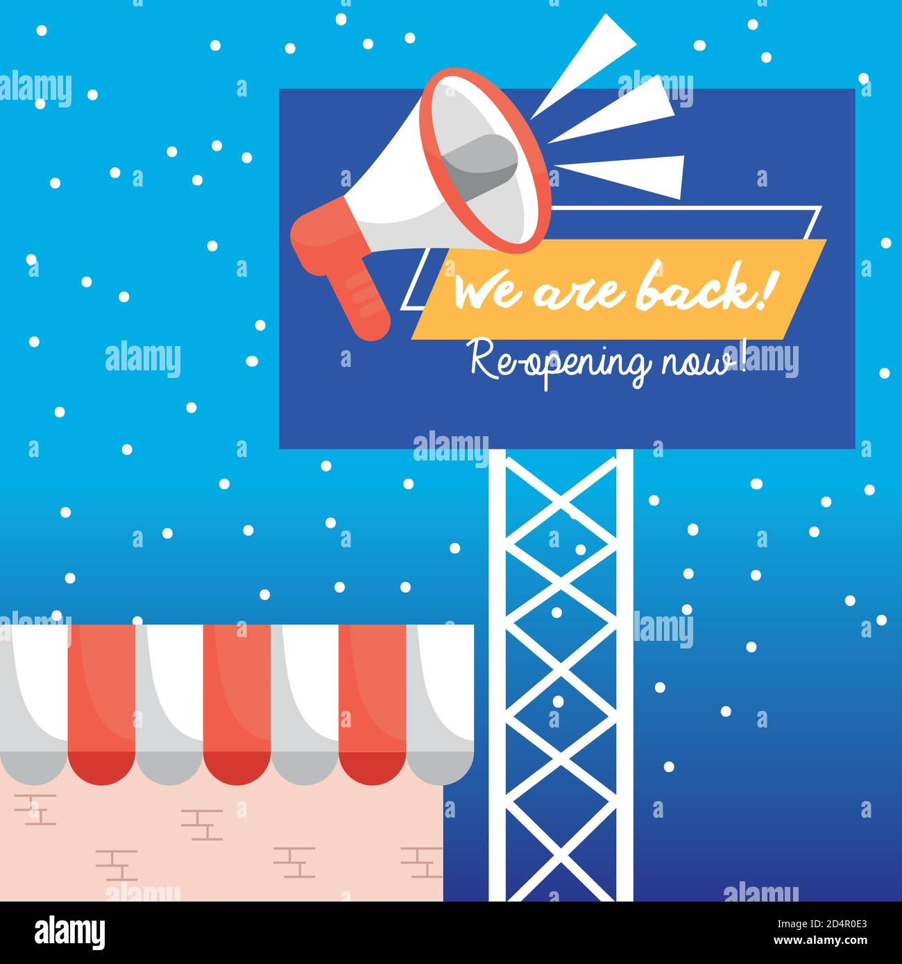 we are back re opening lettering in label with megaphone and store ...