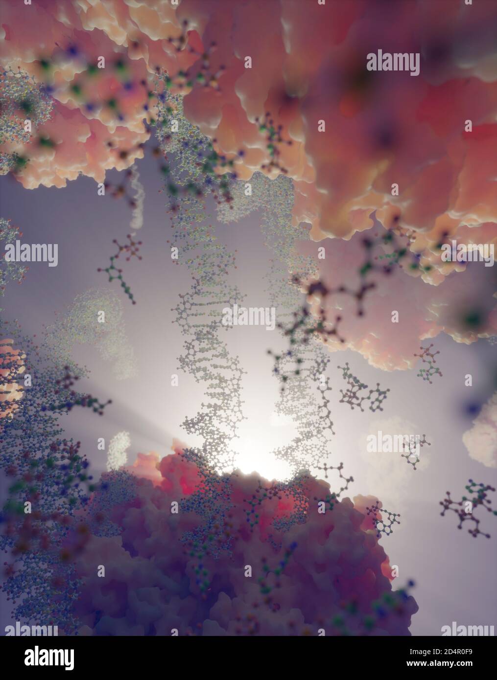 The world inside of a human cell. Strings of DNA, nucleotides (forming ...