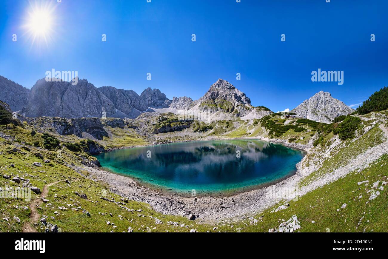 Panorama view of lakes Drachensee Seebensee and coburger hut and ...