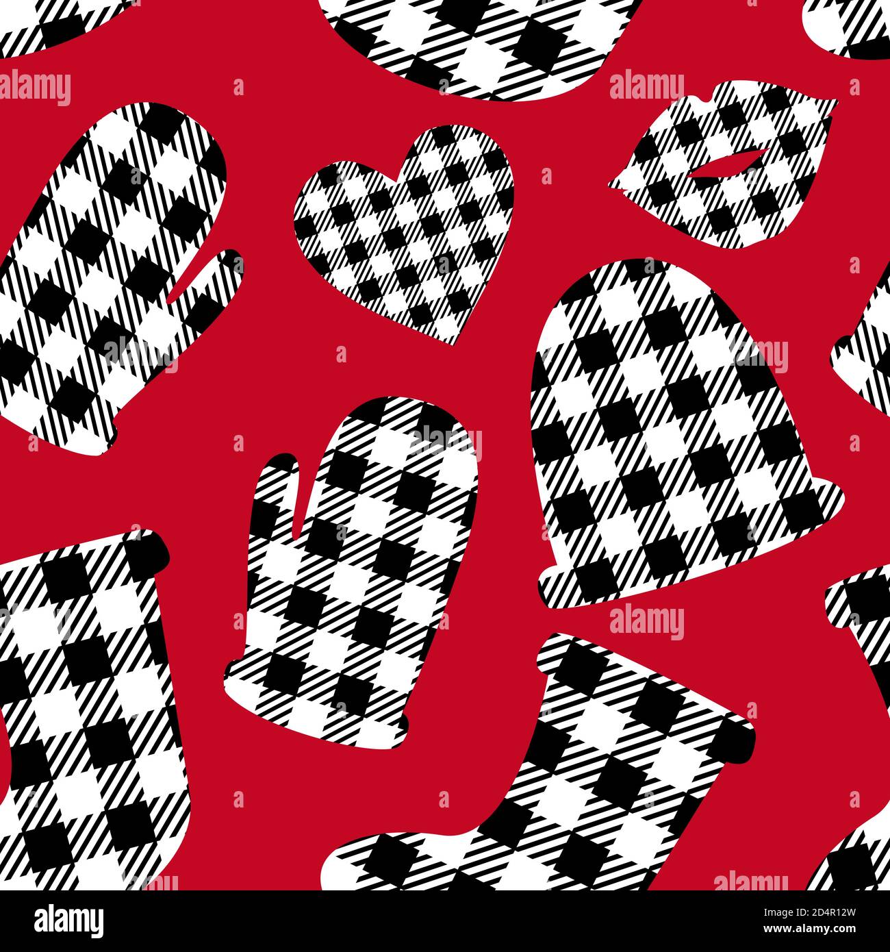 Hat and gloves Black and white Checkered seamless pattern on red ...