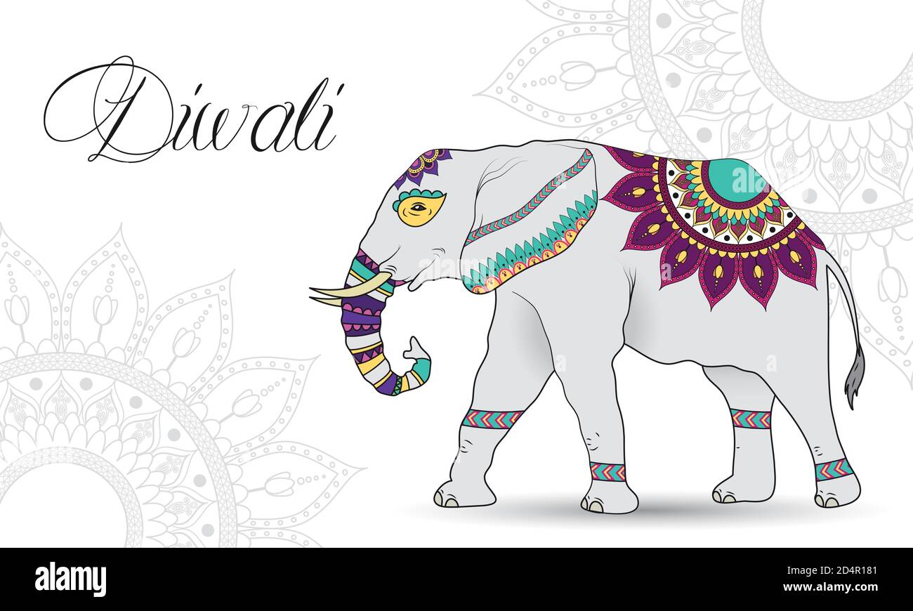 happy diwali celebration lettering with elephant animal vector ...