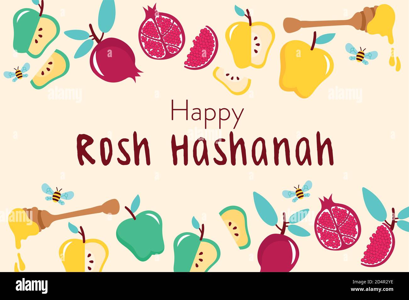happy rosh hashanah celebration with fruits frame vector illustration ...