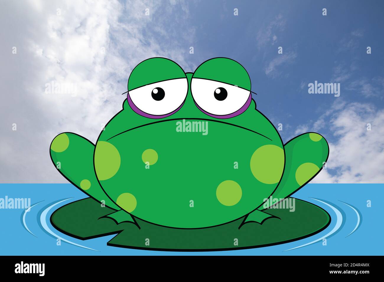 Comical miserable looking frog sat on a lily pad set against a blue ...