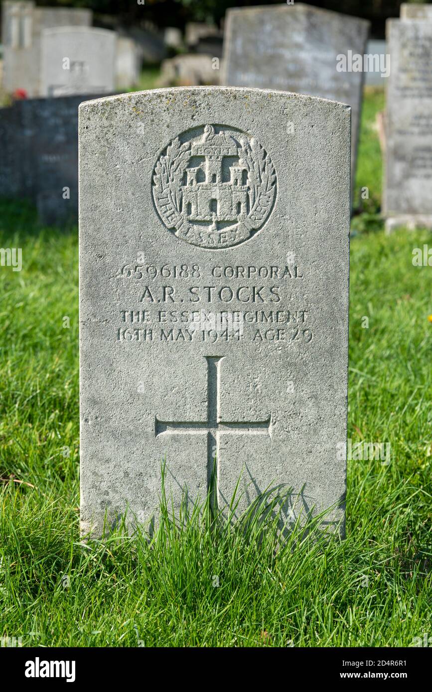 Headstone, gravestone on grave of Corporal AR Stocks of The Essex ...