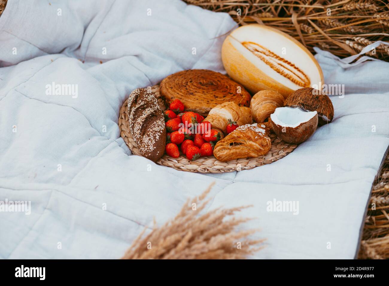 Top view of delicious food . fruit,bread ,croissants,melon on a pallet ...