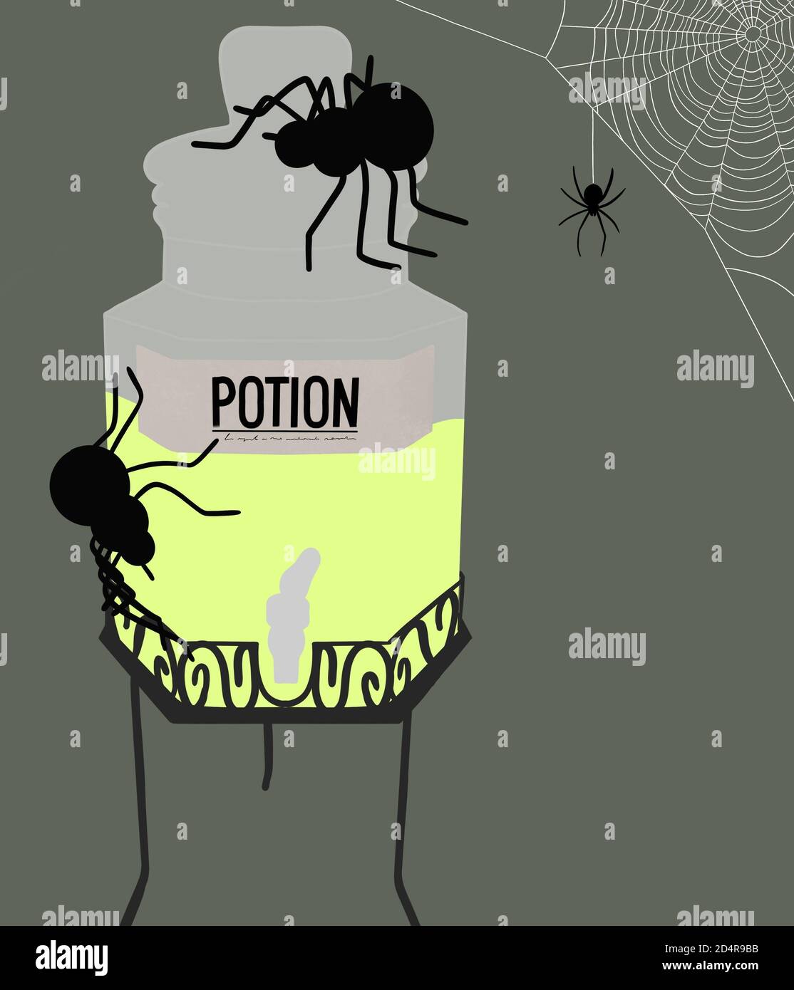 Bottle of potion with spiders on it on a green background - Halloween ...