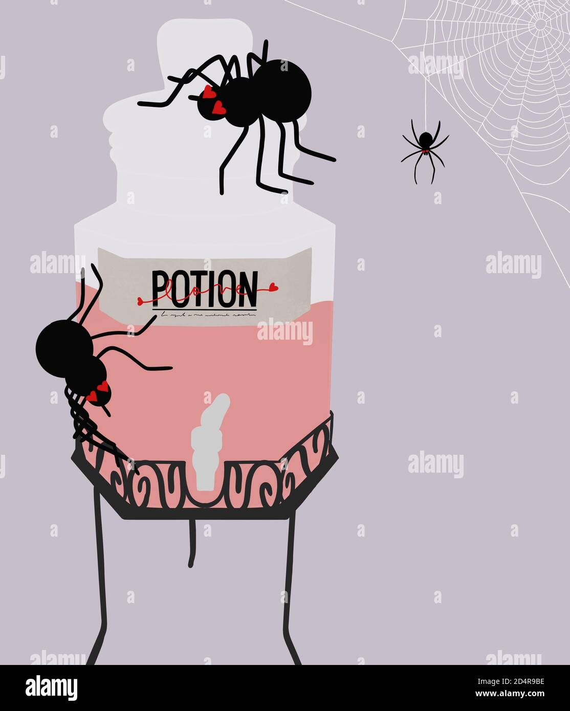 Bottle of love potion with spiders on it on a light background ...