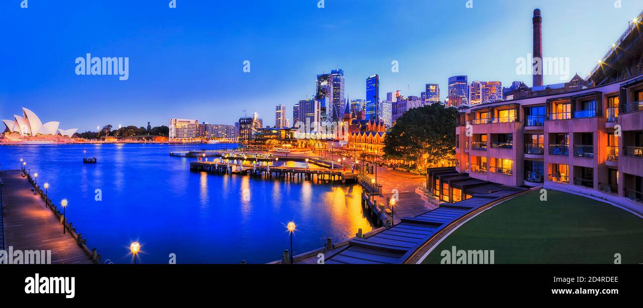 Blue hour panorama in Sydney city around Circular quay waterfront on ...
