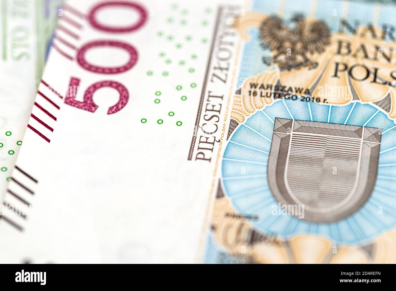 Macro photo of the front side of a rare Polish PLN 500 banknote, close ...