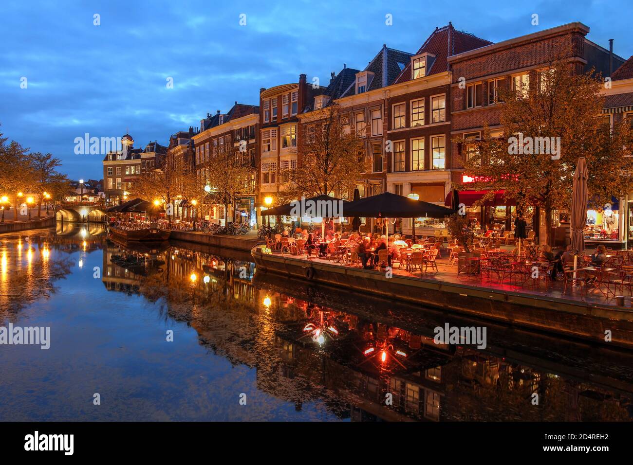 Night scene in Leiden, The Netherlands with old houses along the Nieuwe ...