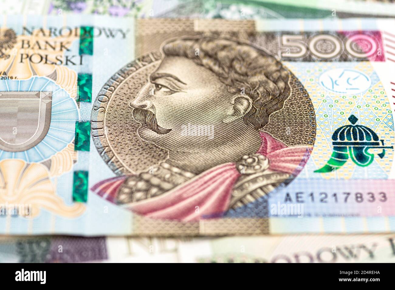 Macro photo of the front side of a rare Polish 500 zloty banknote ...