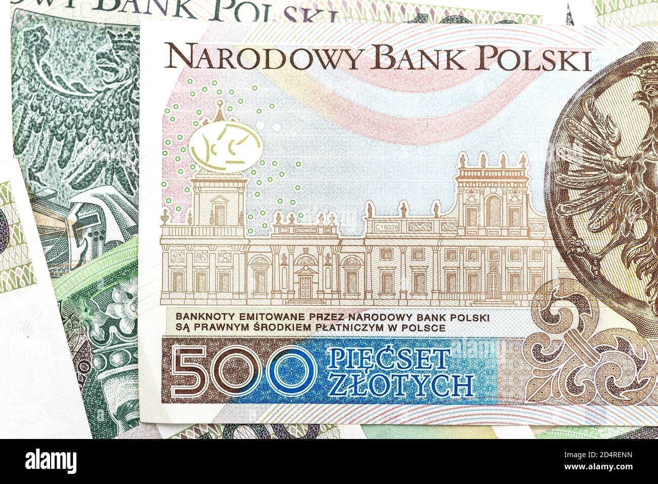 Macro photo of the rear side of a rare Polish PLN 500 banknote, close ...