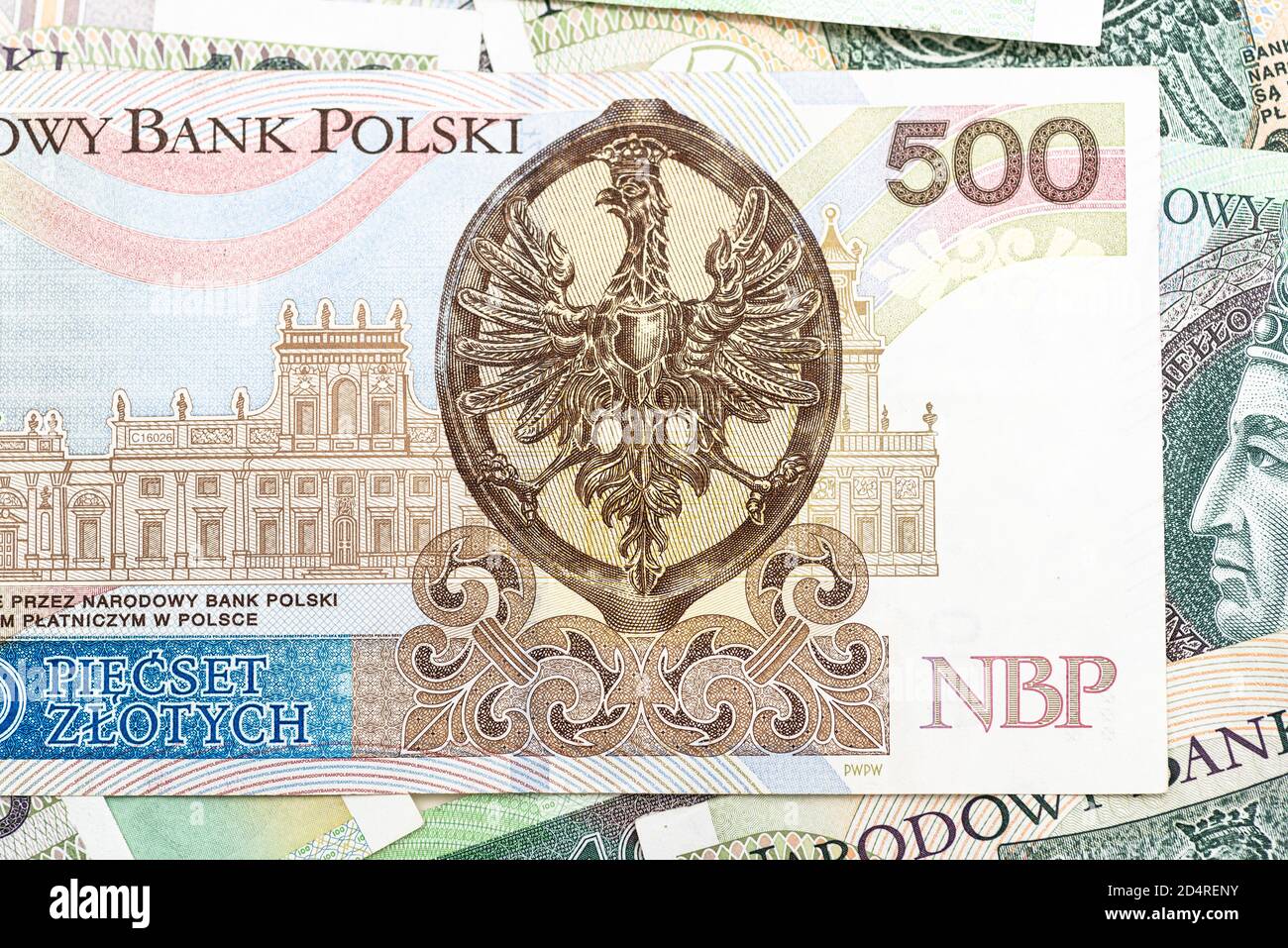 Macro photo of the rear side of a rare Polish PLN 500 banknote, close ...