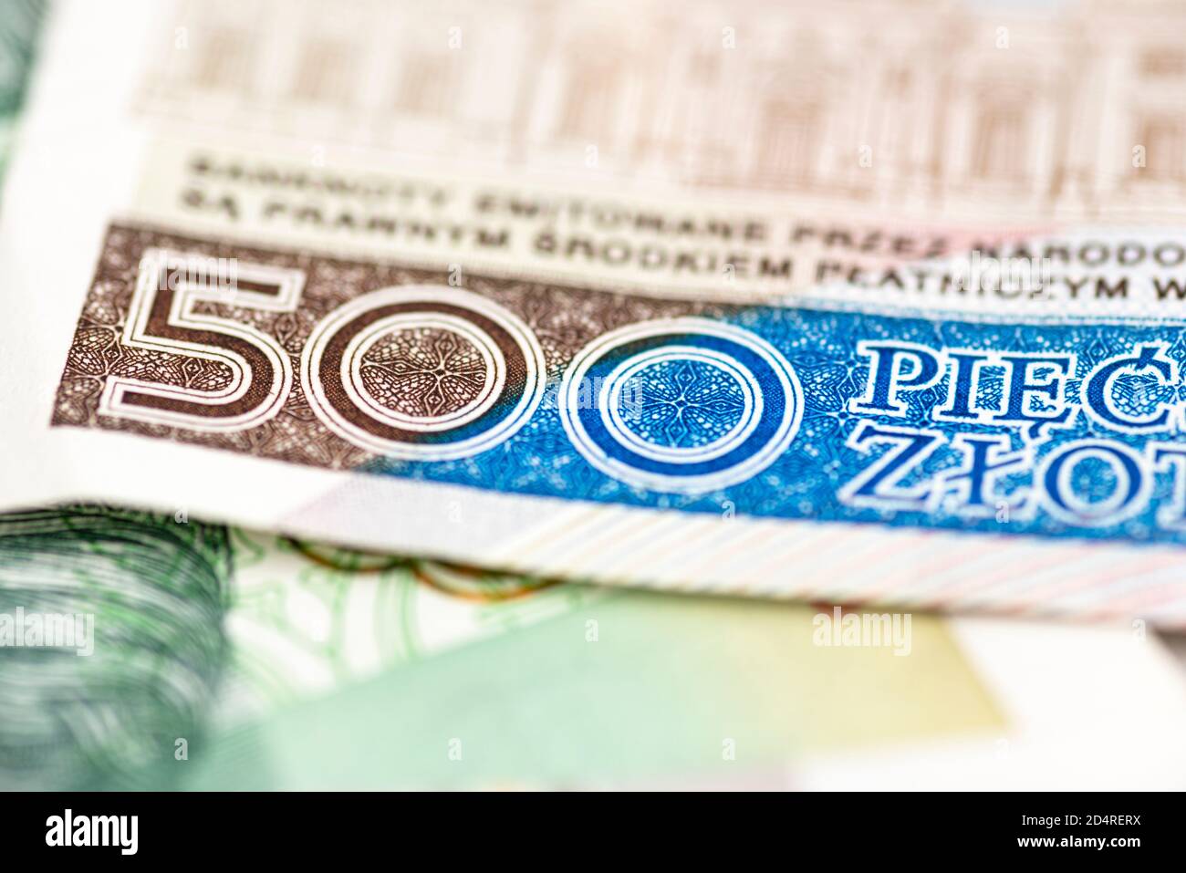 Macro photo of the rear side of a rare Polish PLN 500 banknote, close ...