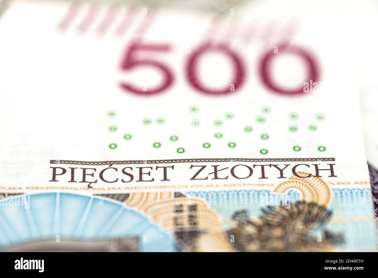 Macro photo of the front side of a rare Polish PLN 500 banknote, close ...