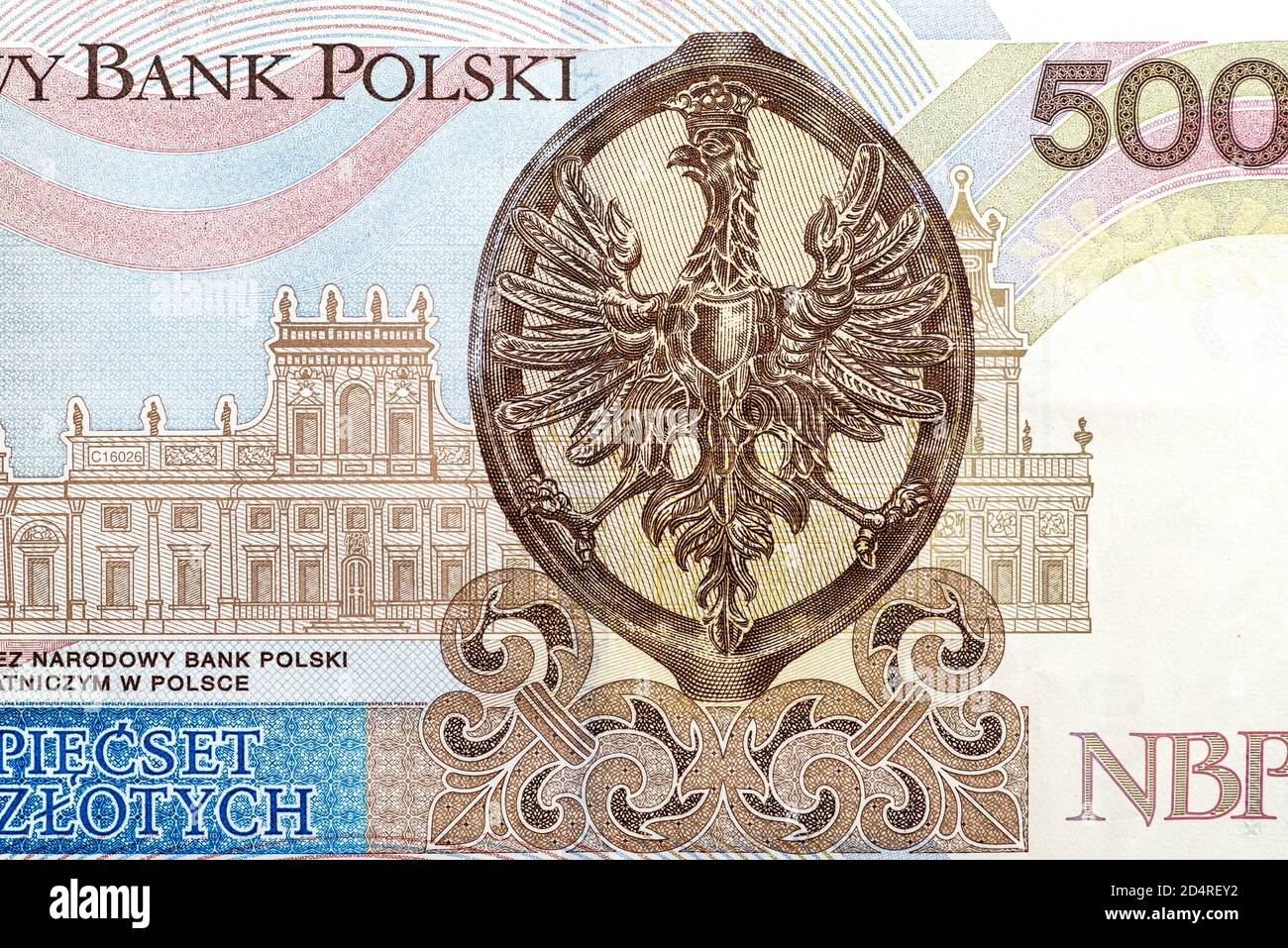 Macro photo of the rear side of a rare Polish PLN 500 banknote, close ...