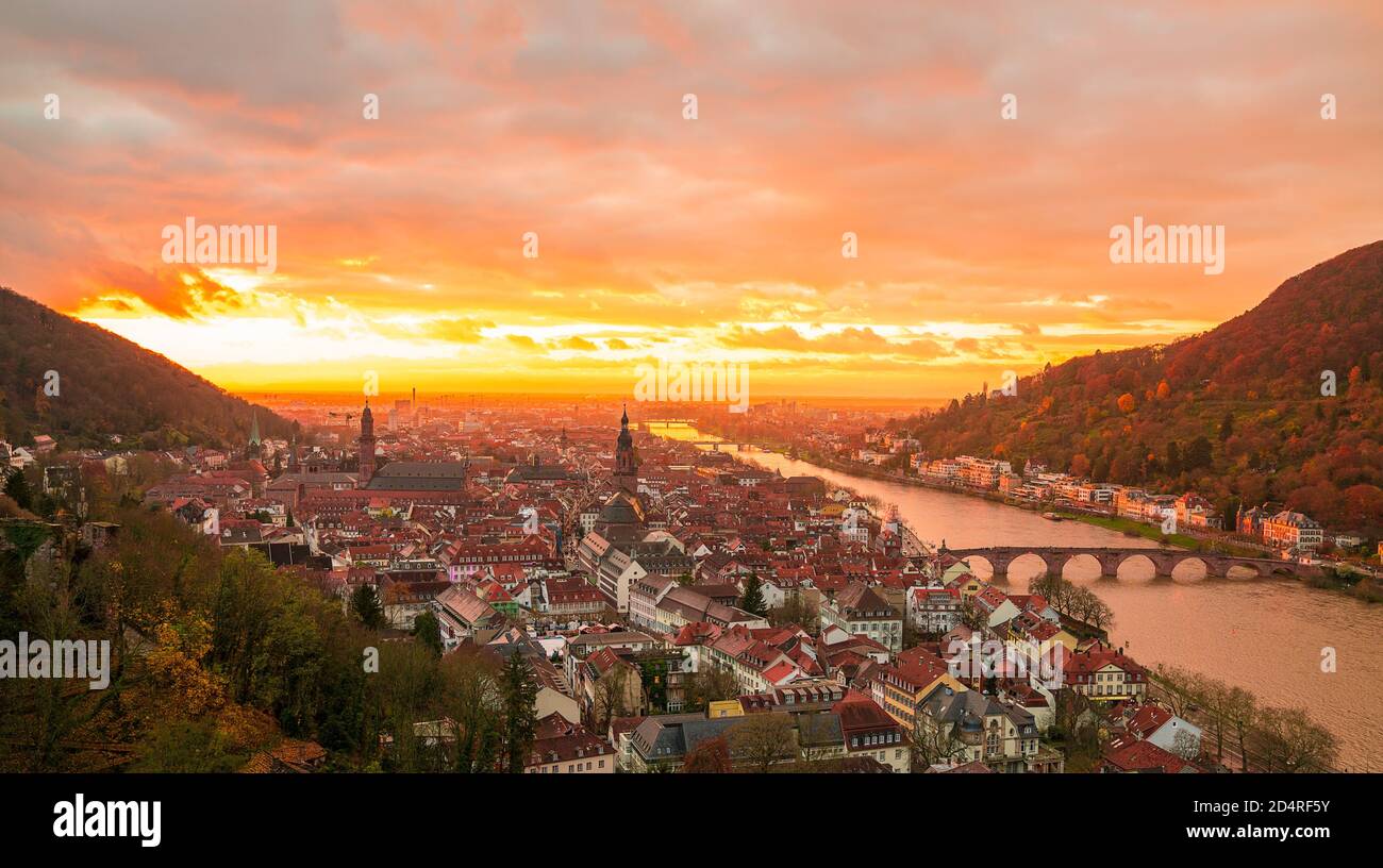 Scenic aerial shot of Heidelberg, Germany at the orange sunset Stock ...