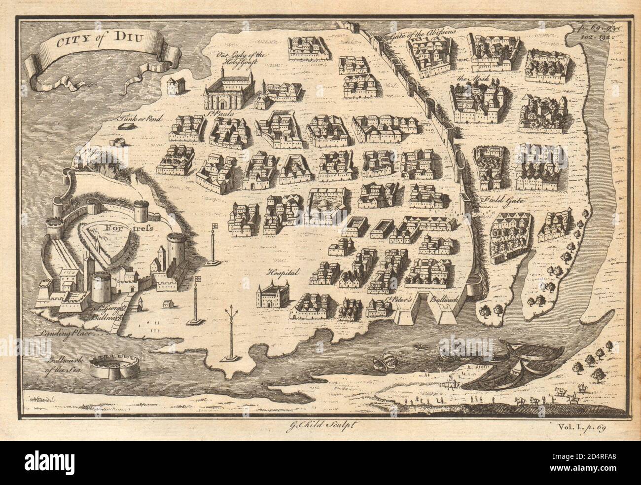 City & fortress of Diu. Town plan/perspective view, Daman & Diu. CHILD ...