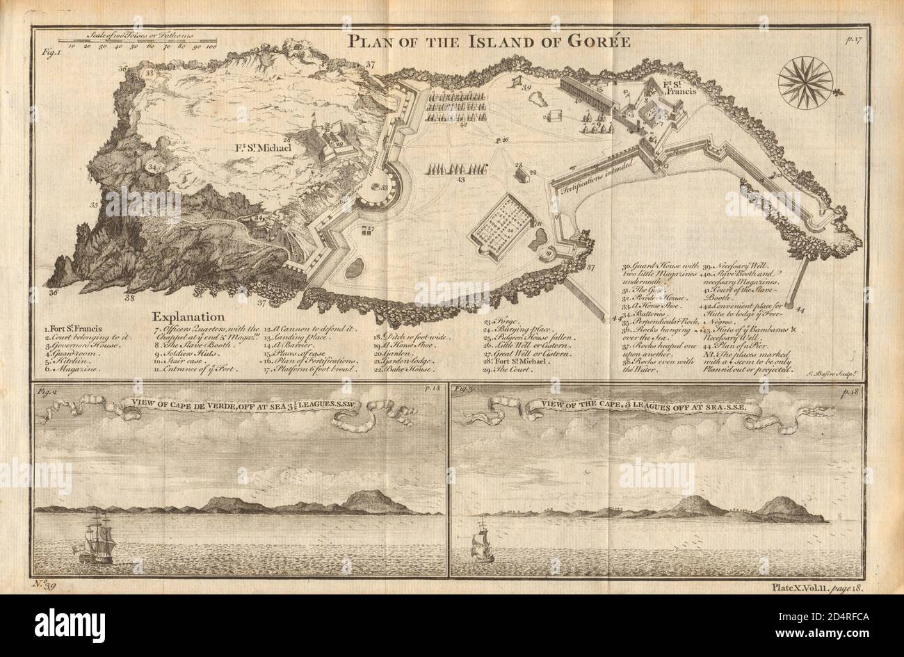 Gorée island plan. Cap-Vert from sea. Île de Goree Dakar Senegal BASIRE ...
