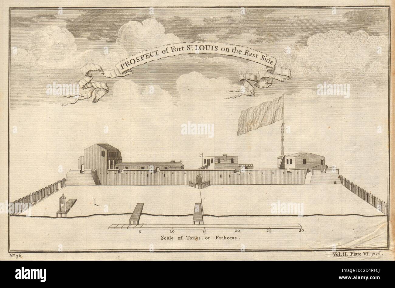 Prospect of Fort St. Louis on the east side, Senegal River 1745 old ...