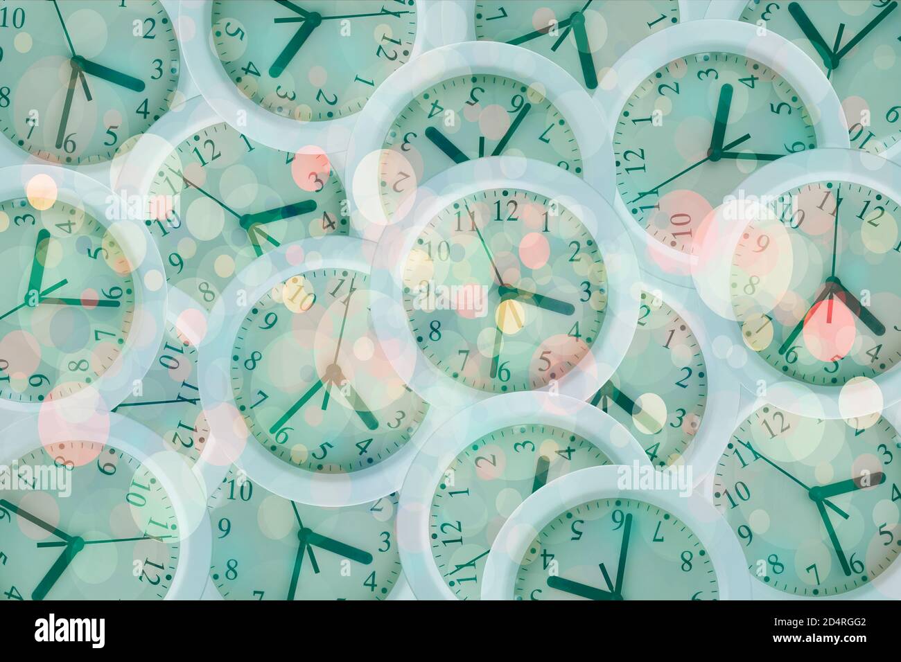 Composition with many clocks with lights, glitters and reflections ...