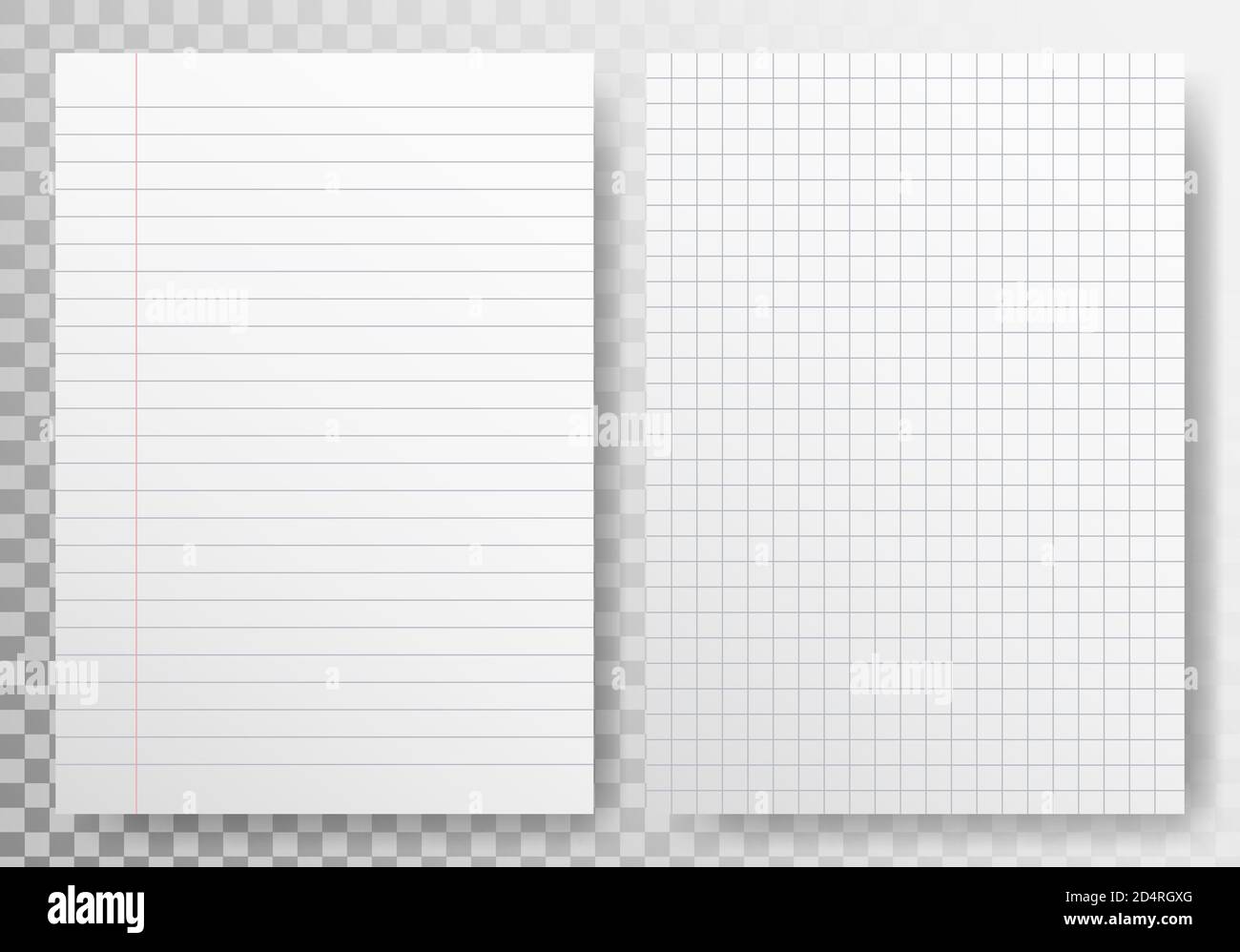 Paper lines template on transparent backdrop. Realistic sheet blank. Paper set with shadow. Note ...