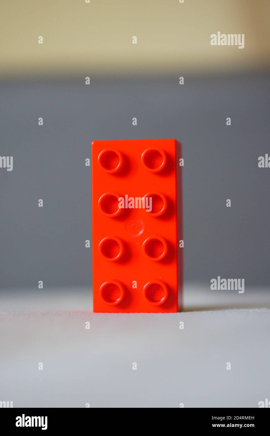 POZNAN, POLAND - Mar 19, 2016: Plastic Red Lego Duplo toy brick in soft ...