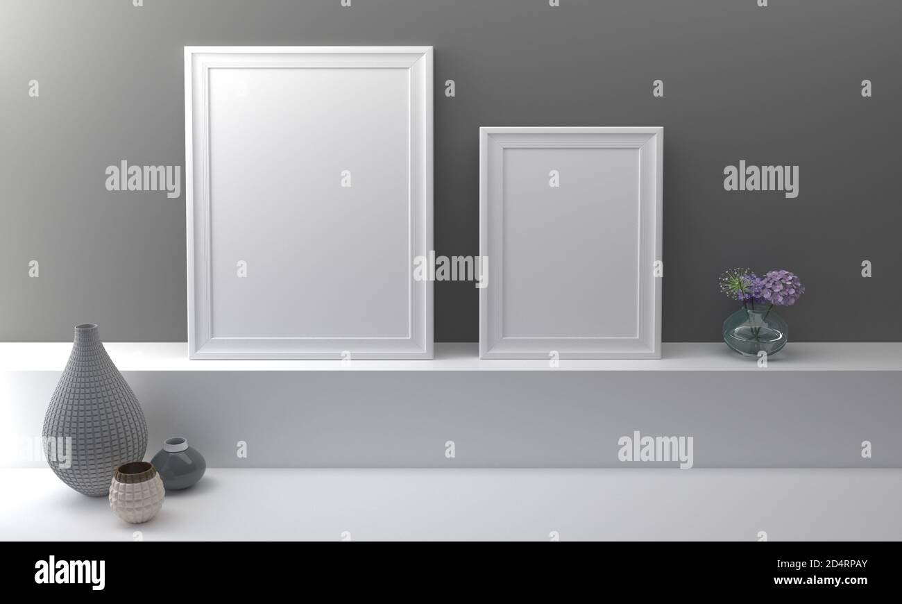 3d render of blank frames on a shelf with some decoratives Stock Photo ...
