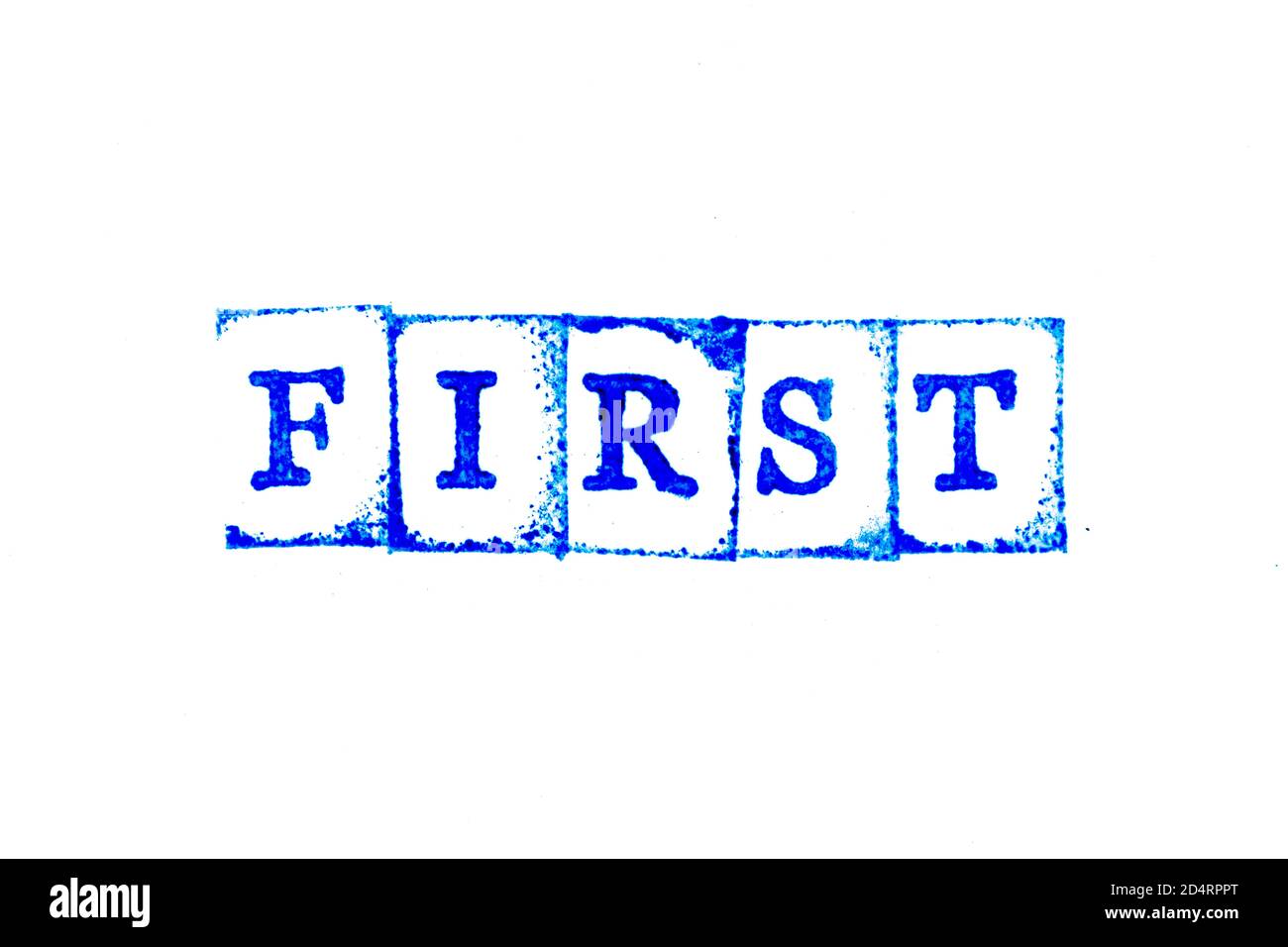 Blue color ink of rubber stamp in word first on white paper background ...
