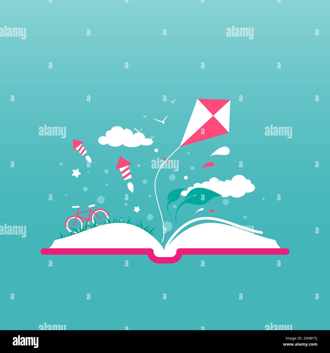 Open book with fireworks, clouds, kite, bike and stars. Isolated on ...