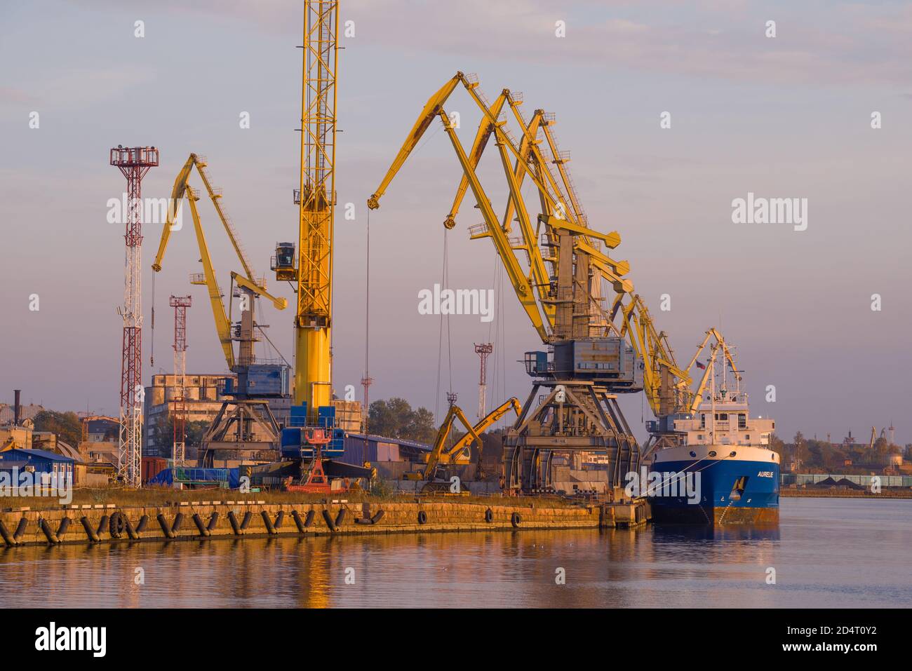 VYBORG, RUSSIA - OCTOBER 03, 2020: Vyborg cargo port on October evening ...