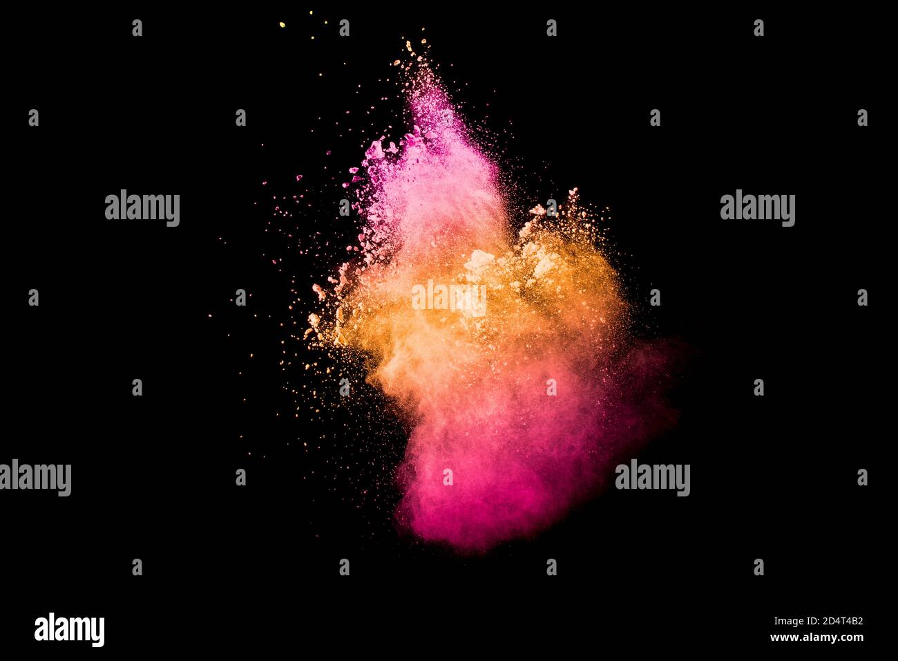 Pink orange dust particles splash on white background.Colorful powder ...