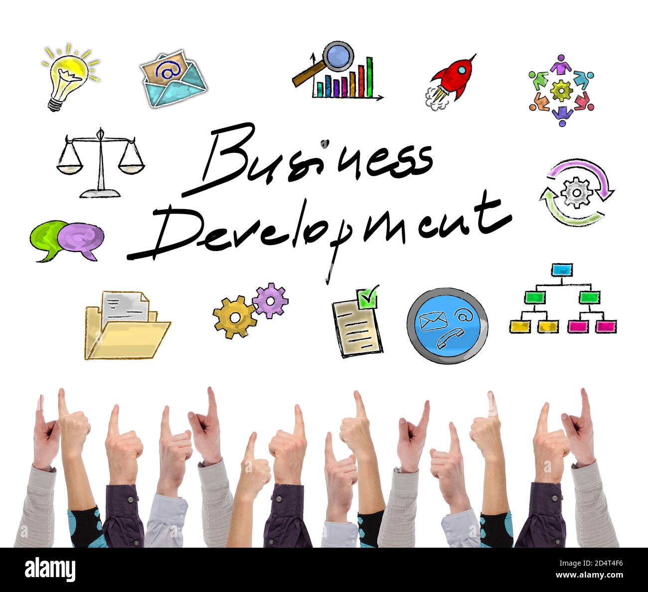 Business development concept on white background pointed by several ...