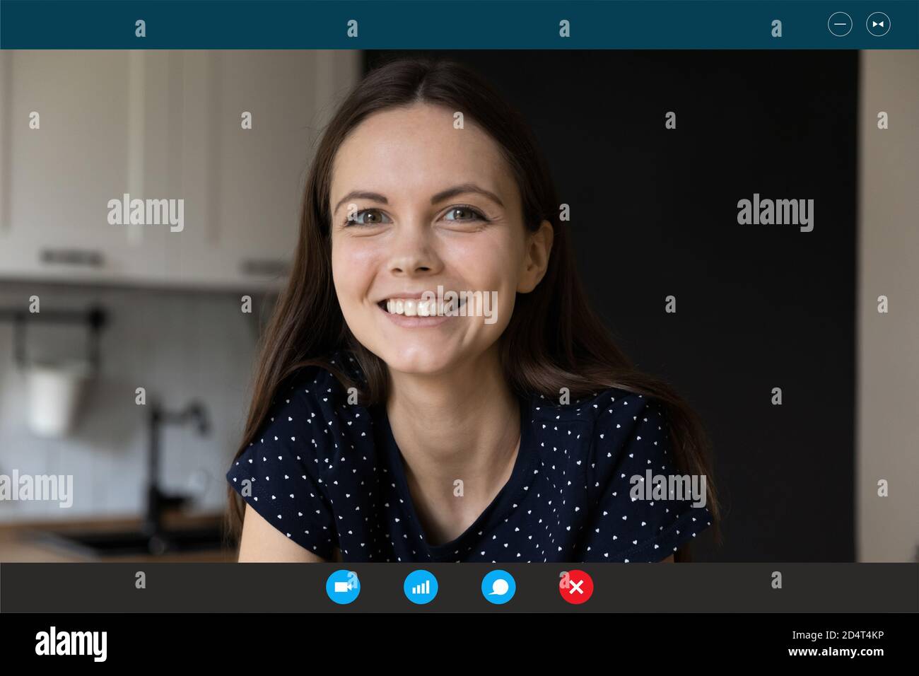 Screen view of smiling millennial female speak on video call Stock ...