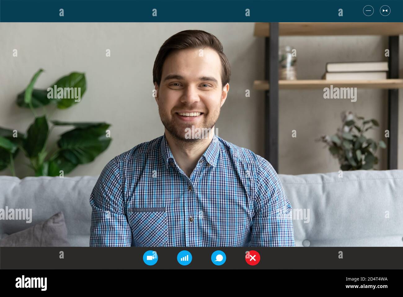 Screen view of smiling man talk on video call Stock Photo - Alamy