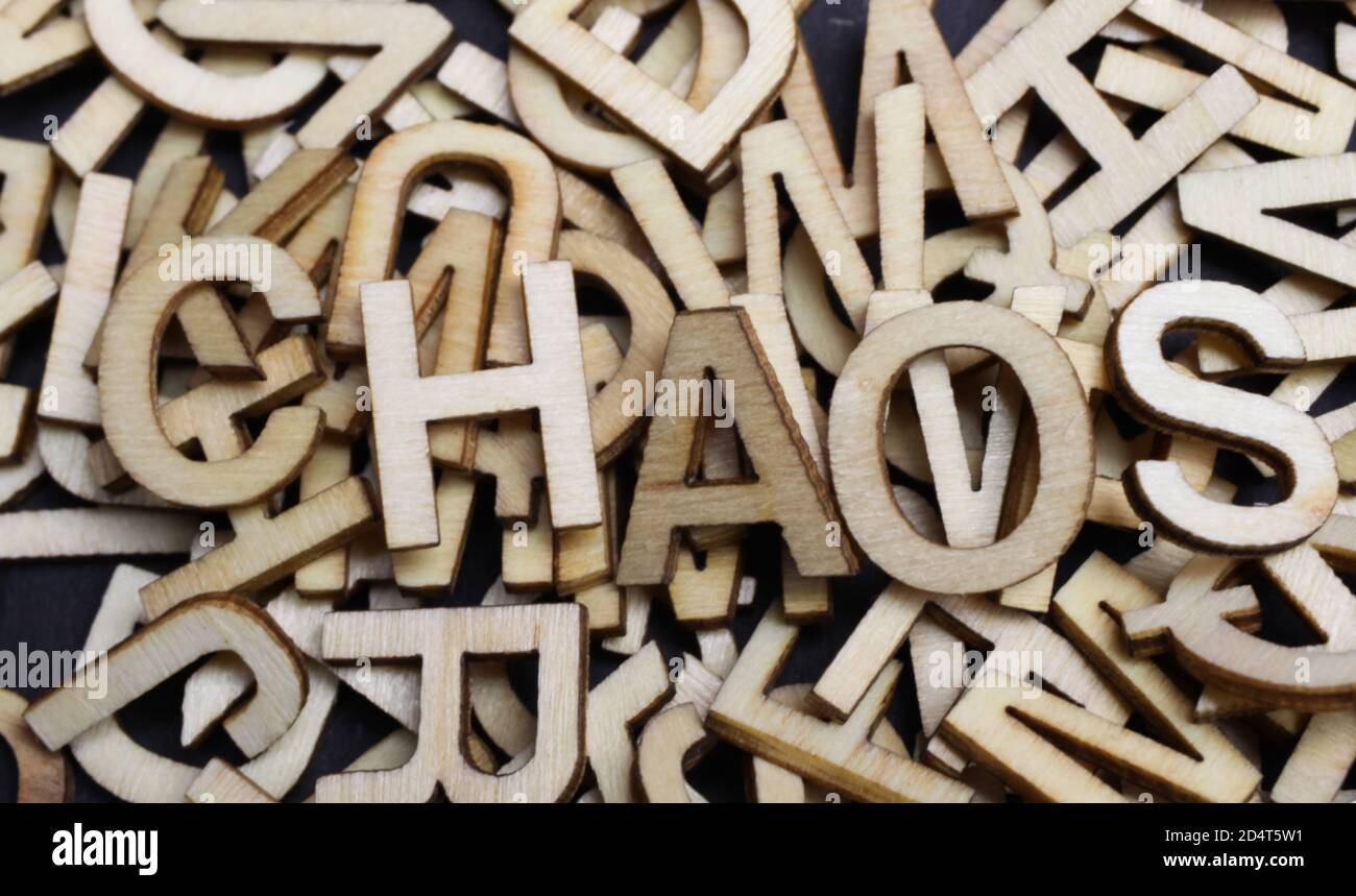 View on pile chaotic scattered alphabet letters forming word chaos ...