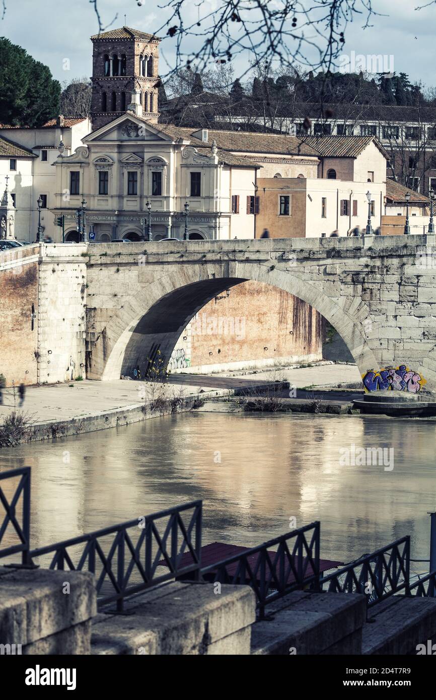 Basilica St. Bartholomew, Pons Cestius, Tiber Island and river. Rome ...