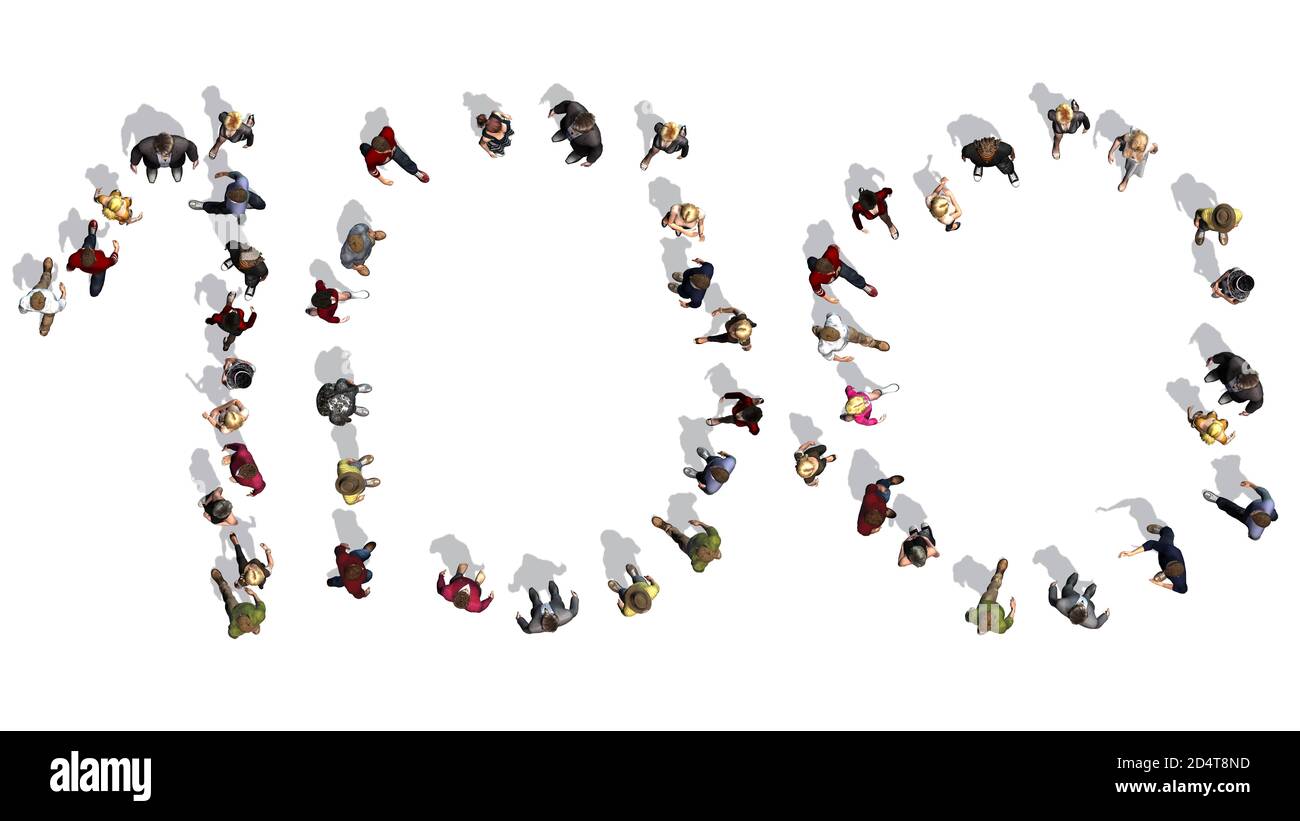 people - arranged in number 100 - top view with shadow - isolated on ...