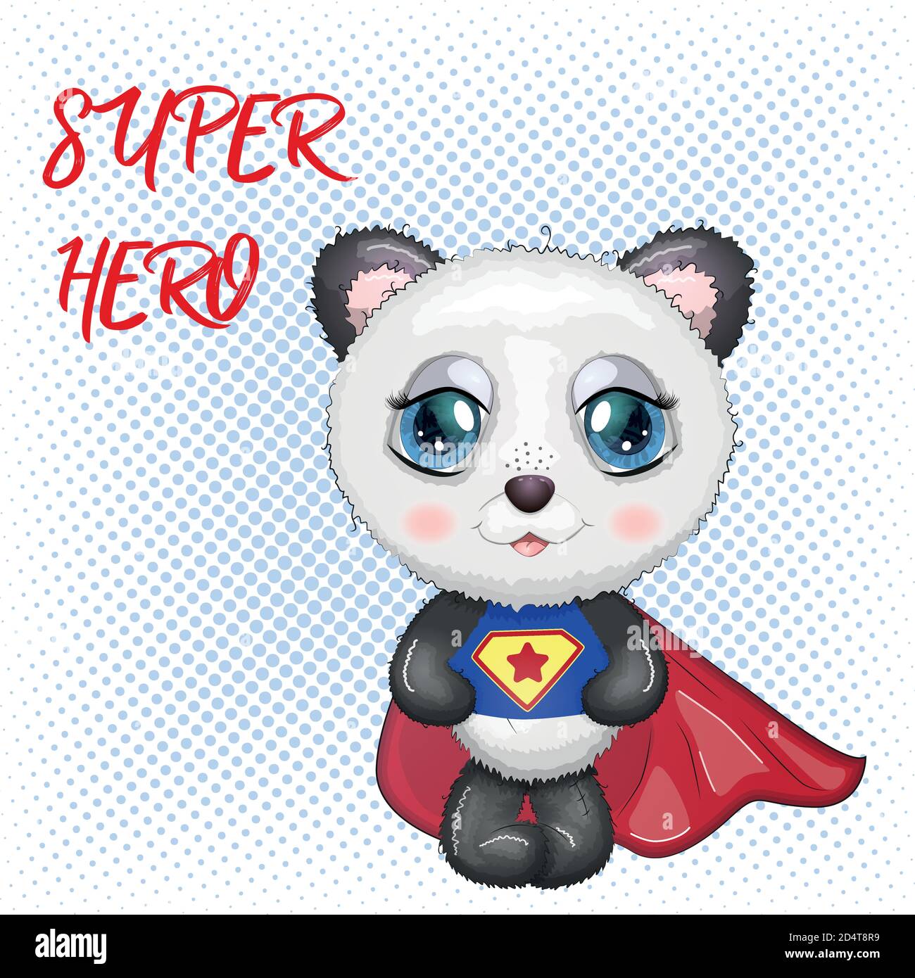 Cute little panda with big eyes in a cloak by a super hero, greeting ...