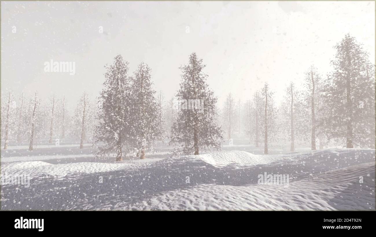 Nature winter scenery snow tree landscape 3d rendering Stock Photo - Alamy