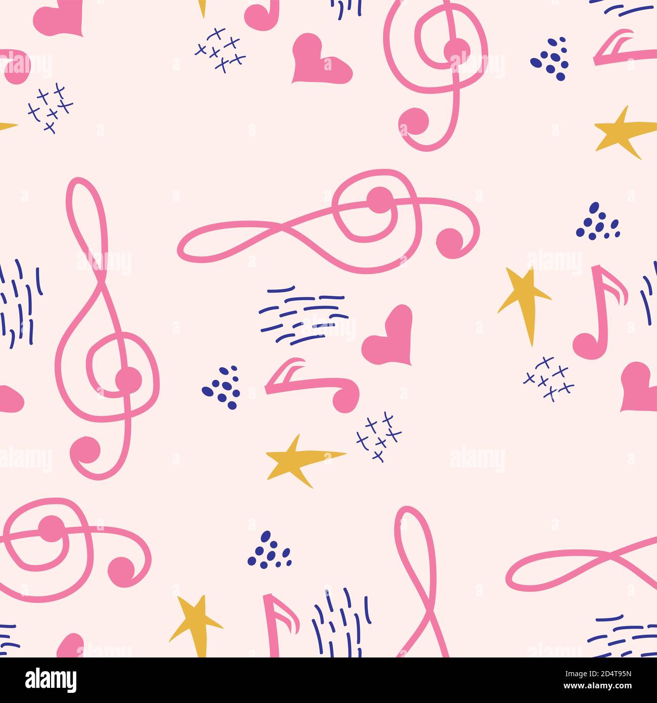 Treble clef, notes, heart, stars, abstract elements seamless pattern in ...