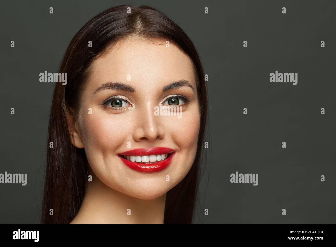 Healthy female smile with white teeth and red lips, woman face close up ...