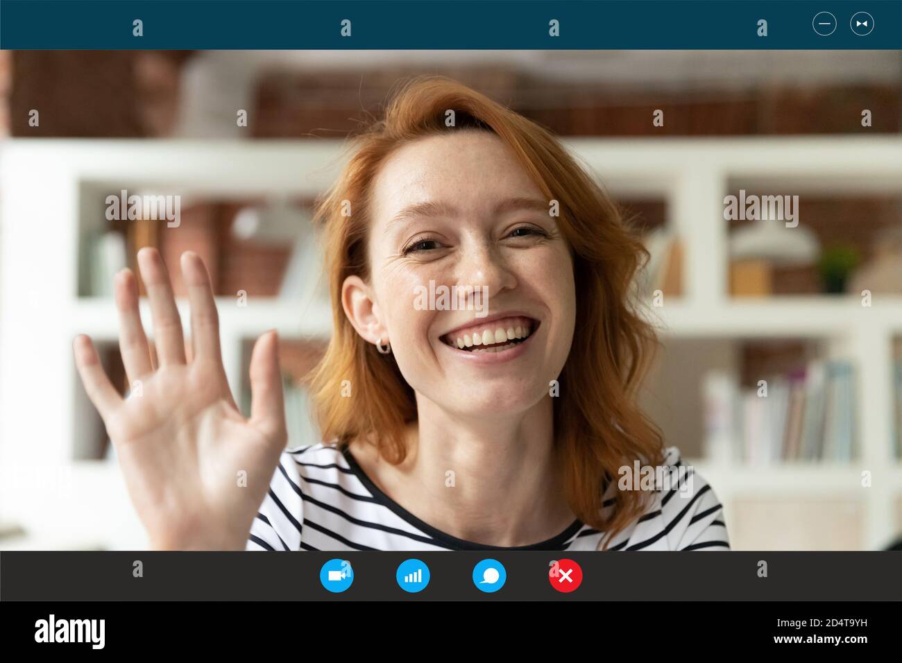 Smiling woman wave to camera talking on video call Stock Photo - Alamy