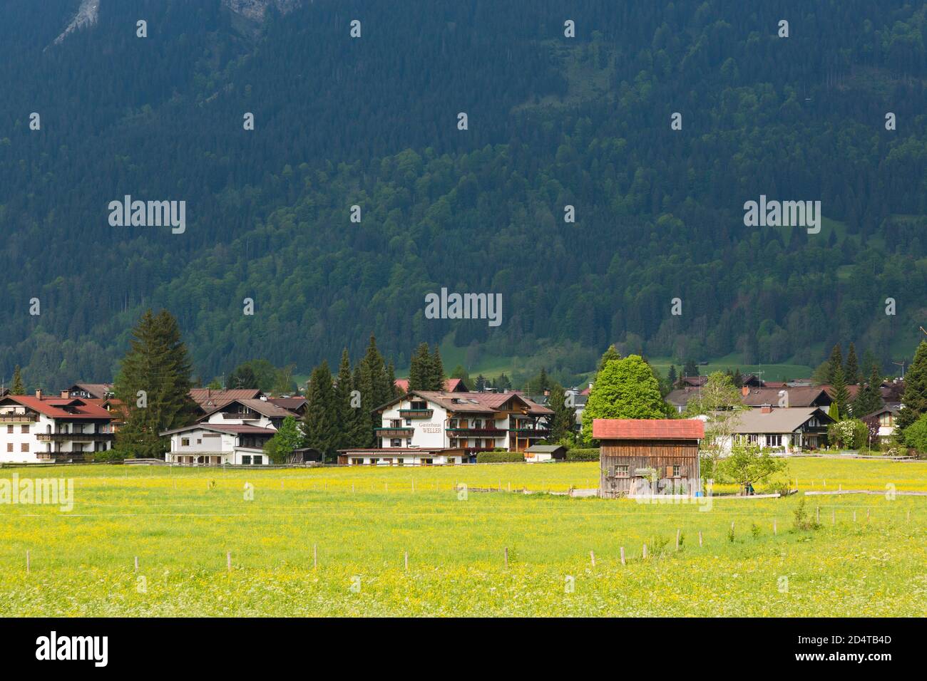 Allgäu, Oberstdorf, blühende Wiesen mit Scheune, Berge, Ortschaft Stock Photo - Alamy