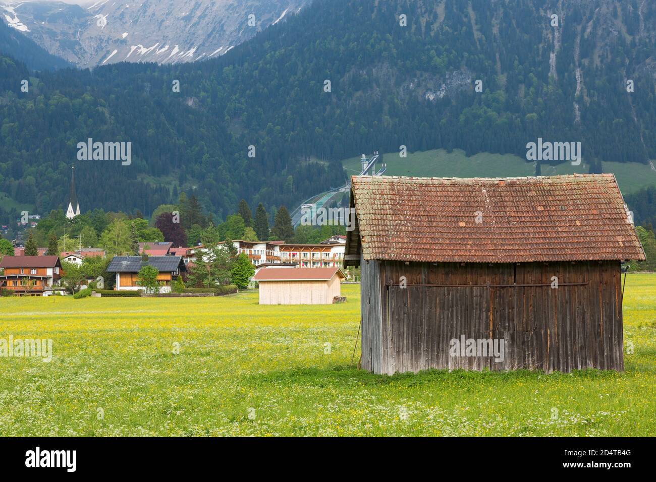 Allgäu, Oberstdorf, blühende Wiesen mit Scheune, Berge, Ortschaft Stock Photo - Alamy