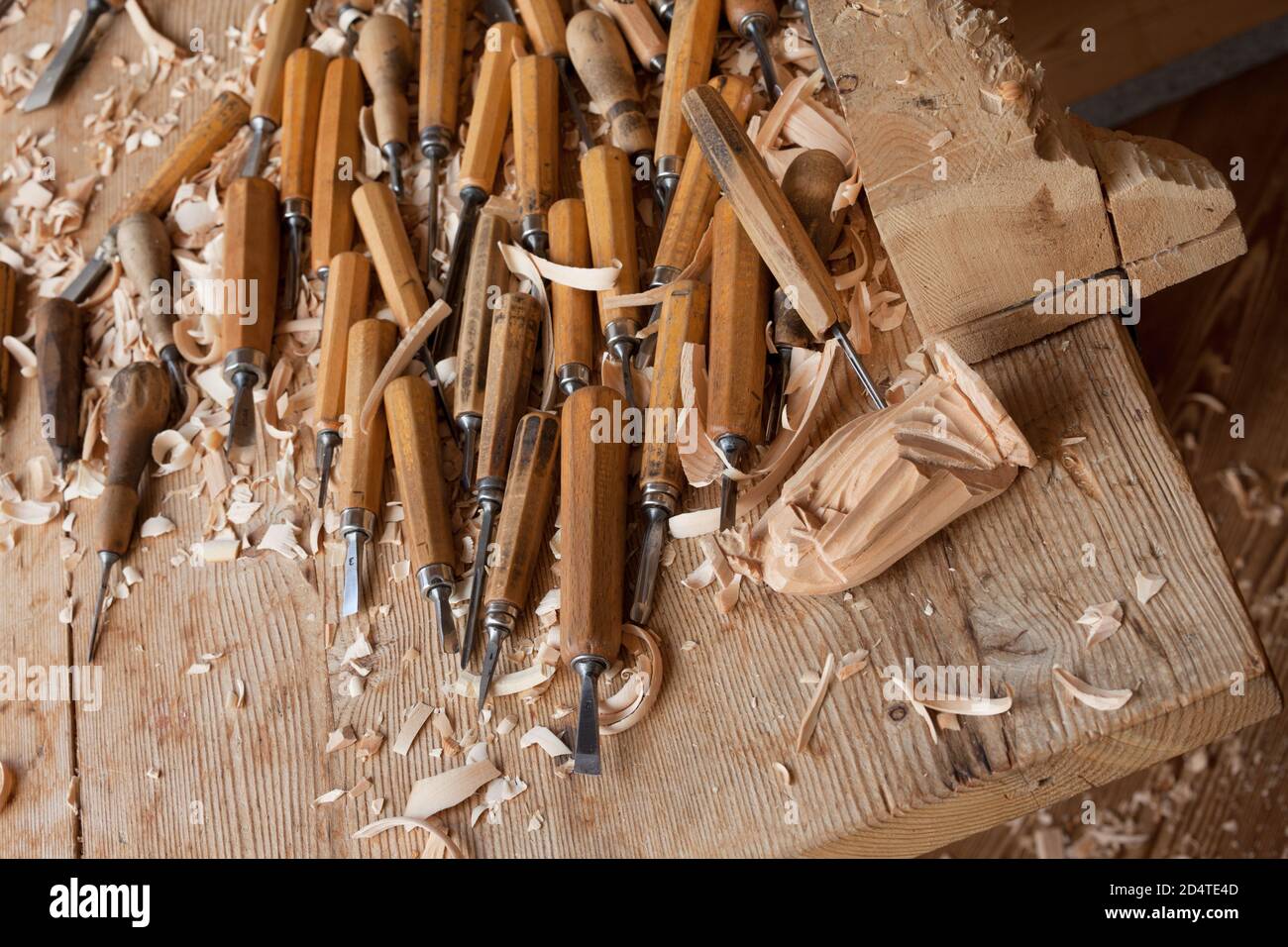 detail of a table of a wood sculptor laboratory Stock Photo - Alamy