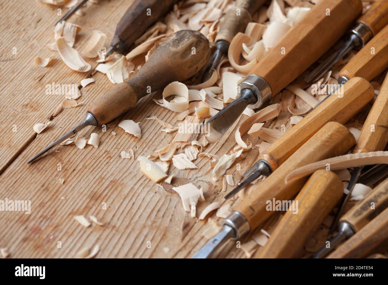 detail of a table of a wood sculptor laboratory Stock Photo - Alamy