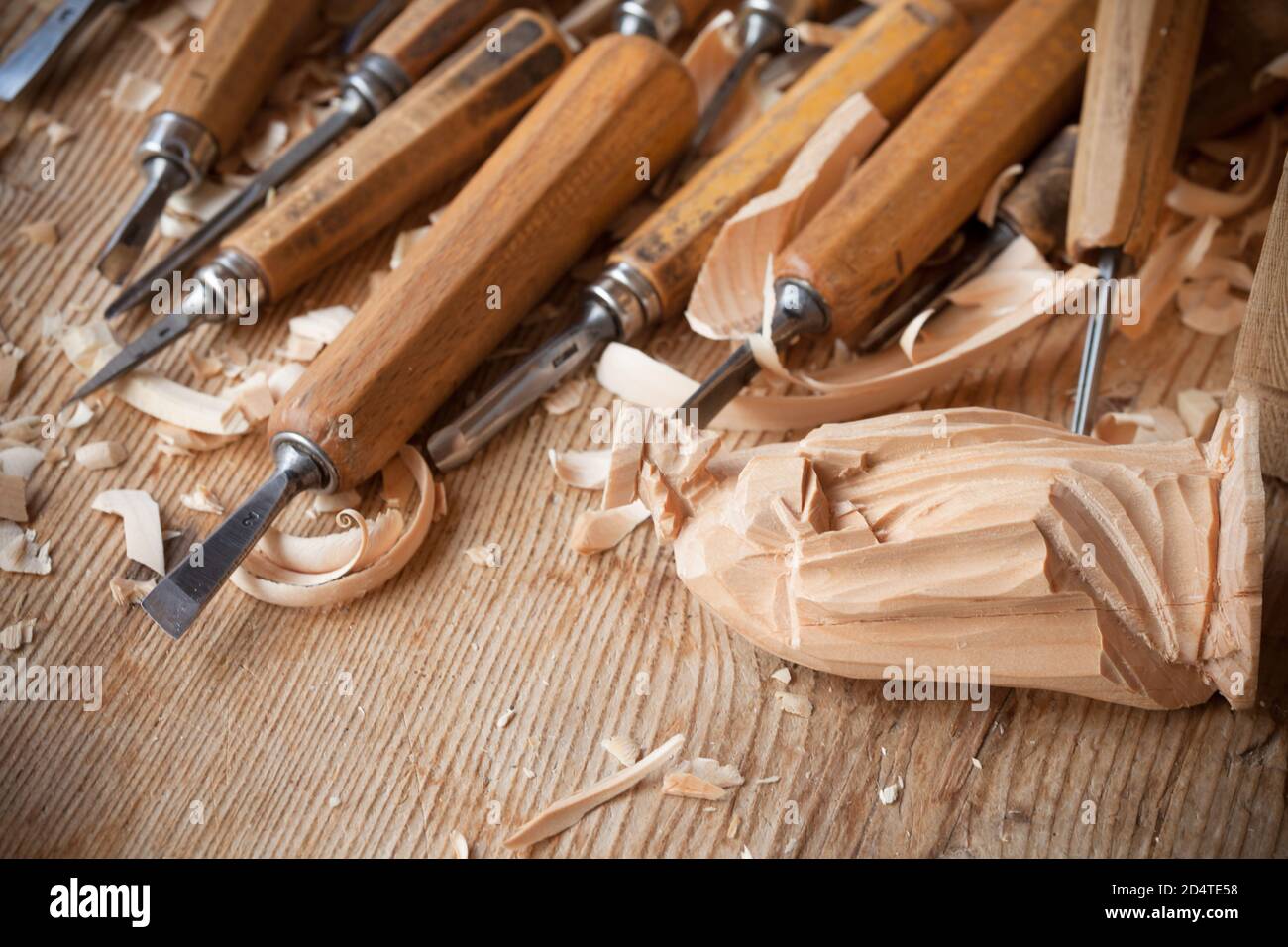detail of a table of a wood sculptor laboratory Stock Photo - Alamy
