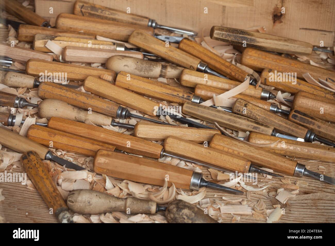 detail of a table of a wood sculptor laboratory Stock Photo - Alamy